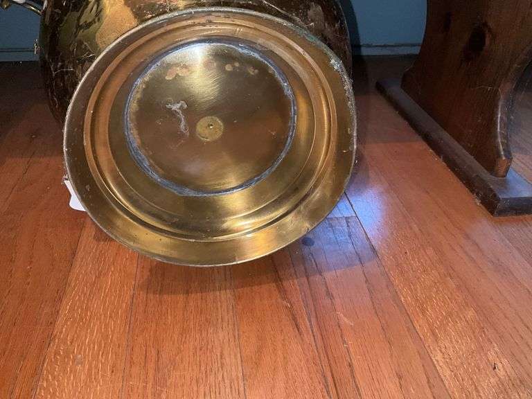 Brass coal bucket w/ blue and white china handle inserts - Hurley Real ...