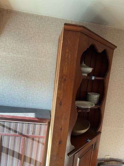 Knotty pine open front corner cupboard w/ shaped shelves - no contents ...