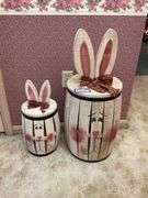 Hand crafted painted rabbits on wooden barrels - Hurley Real Estate ...