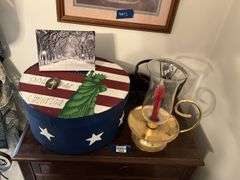 Patriotic storage box, candleholder w/ glass shade, snow scene picture ...