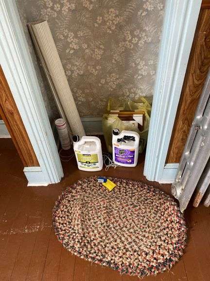 Braided mat and contents of closet: insect killer, porch blind, frames ...