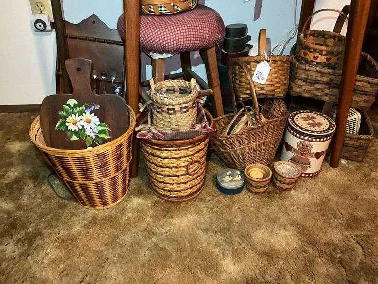 Basket lot, round stool, woodenware, souvenir spoons and wall rack ...