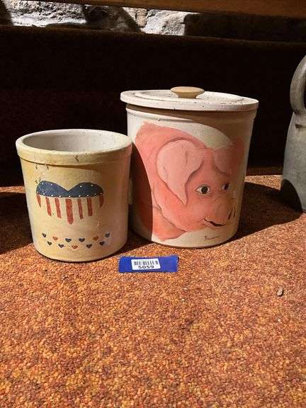 Two decorated stoneware crocks, one has pig decor - Hurley Real Estate ...