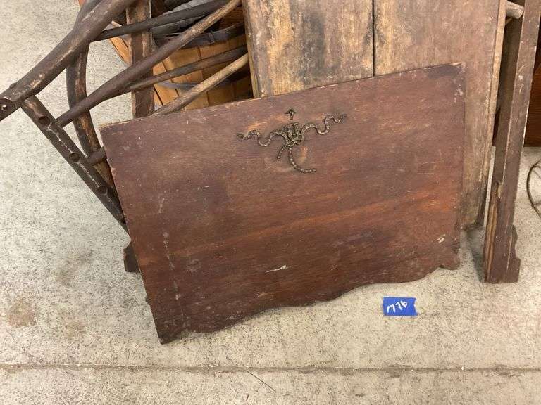 MCM umbrella stand, two quilt racks, antique chairs, misc wood items ...