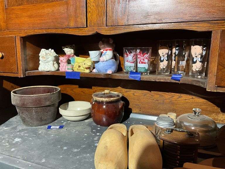 Two stoneware bowls and beanpot plus contents of shelf: pig decor ...