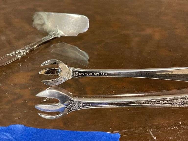 Three STERLING utensils: jam spoon, food pusher, tongs - by the pc take ...