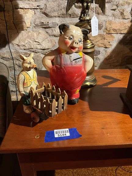 Carnival chalkware dressed pig bank, and pig figure w/ push cart ...