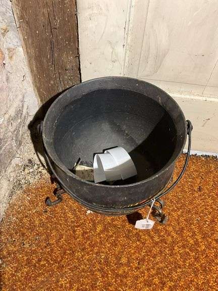 Cast iron kettle w/ tole painting, on ring stand - Hurley Real Estate ...