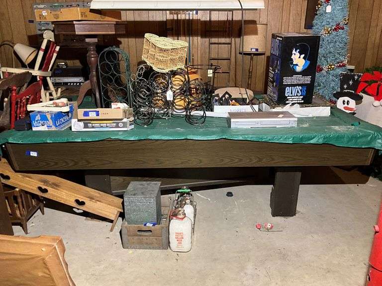 Frederick Willys slate pool table, balls, rack, cues, wall rack ...