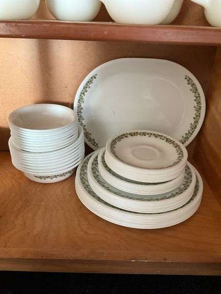 Contents of cupboard: Corelle green Spring Blossom dinnerware - Hurley ...