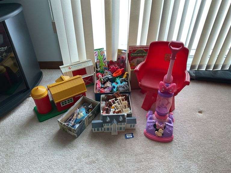 Toy lot including: Fisher Price barn, Minnie Mouse vacuum - Hurley Real ...