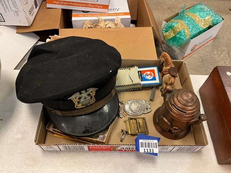 Naval officer's cap, coin bank, Sheriff's badge, mineral samples, misc ...