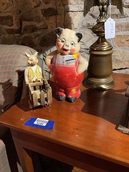 Carnival chalkware dressed pig bank, and pig figure w/ push cart ...