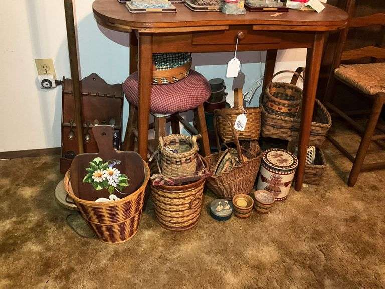 Basket lot, round stool, woodenware, souvenir spoons and wall rack ...