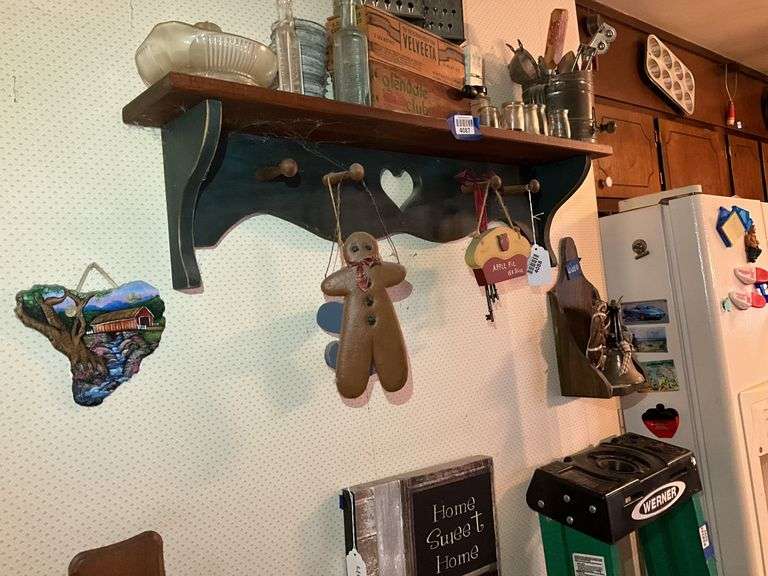 Country bracket wall shelf w/ hanging decor - no top contents, and wall ...