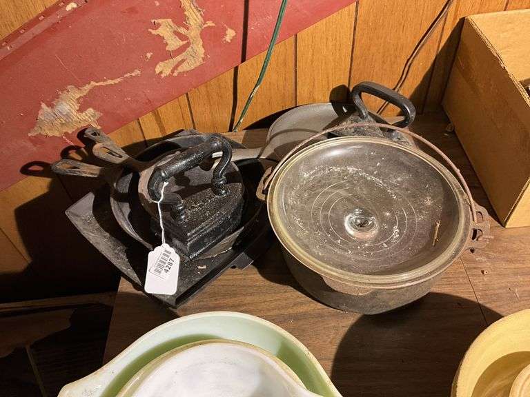 Cast iron square breakfast griddle and skillets, sad irons, kettle w ...
