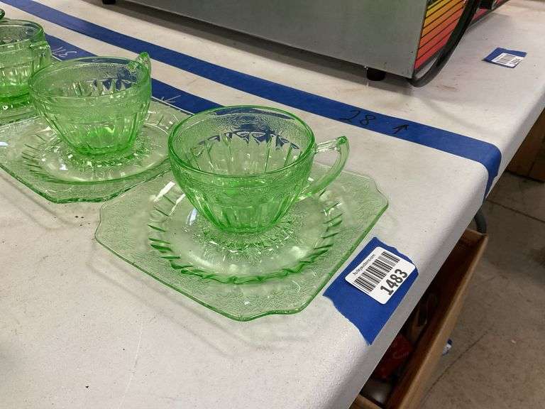 Three green Depression glass Adam pattern cups/saucers - Hurley Real ...
