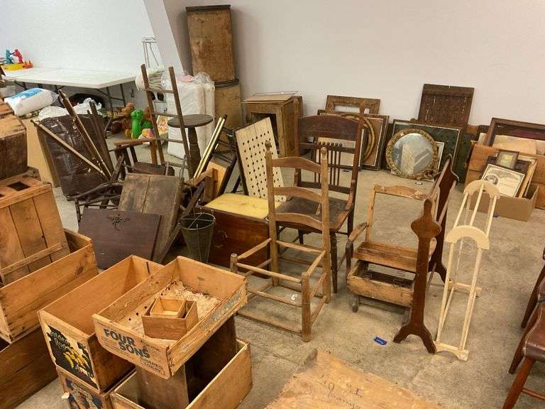 MCM umbrella stand, two quilt racks, antique chairs, misc wood items ...