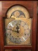 Sligh tall case clock w/ open scroll pediment, moon phase dial, metal ...