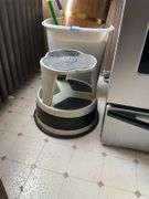 Library stool, vintage tin waste cans, plastic waste cans, mop, brooms ...