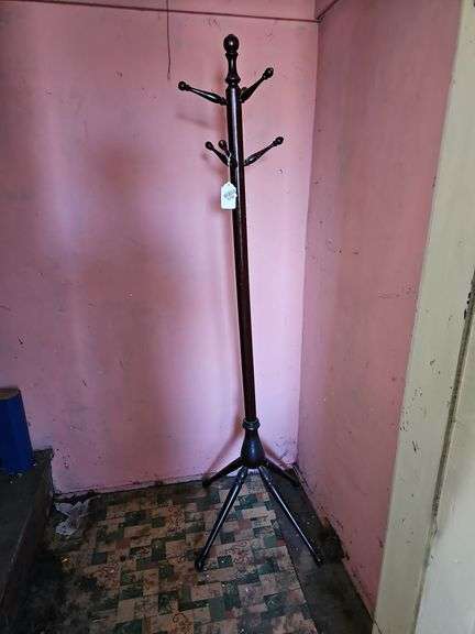 Turned wood clothes tree 64 IN H - Hurley Real Estate & Auctions