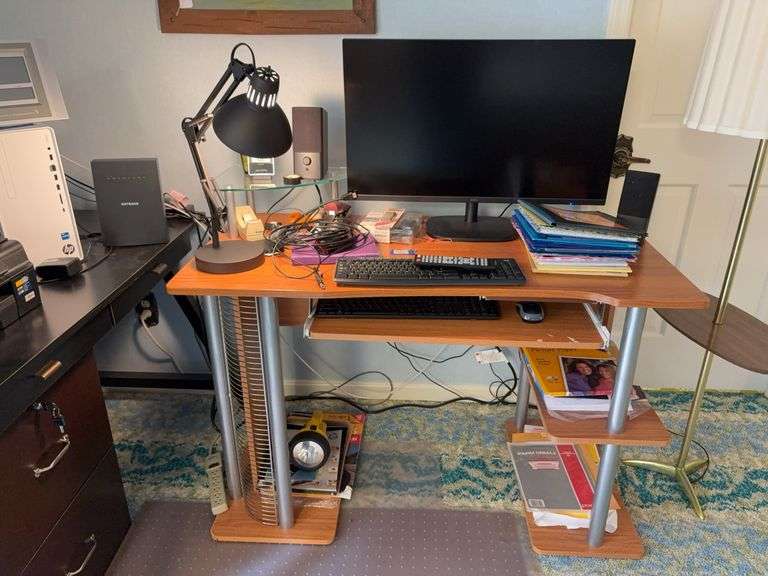 Computer desk w/ built-in CD rack and all contents: Onn monitor ...