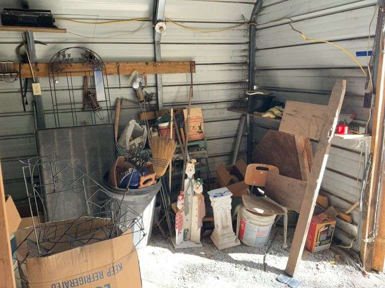 Corner lot: pedestal, snowman cutouts, shelf unit and contents: garden ...