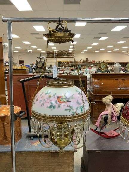 Hanging library oil lamp w/ brass frame, handpainted bird/floral shade ...