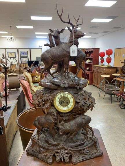 Monumental BLACK FOREST clock featuring carved stags w/ glass eyes ...
