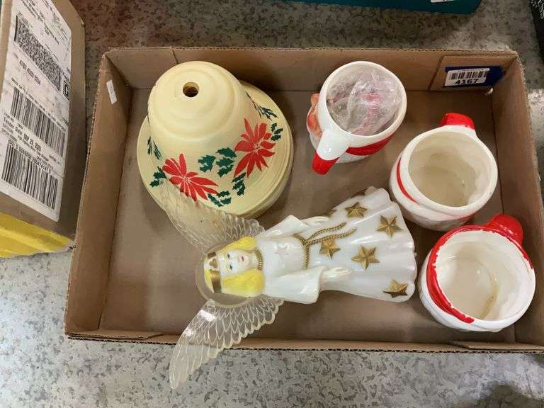 3 ceramic Santa face mugs, plastic angel, plastic Christmas bells ...