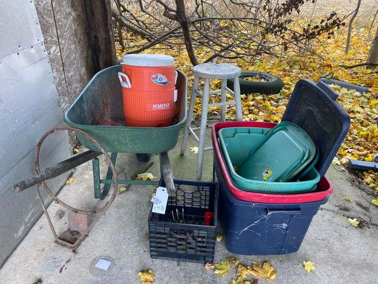 Wheelbarrow, Igloo beverage cooler, basketball hoop, wooden stool ...