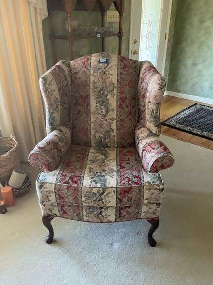 Wing arm chair in floral stripe upholstery - Hurley Real Estate & Auctions