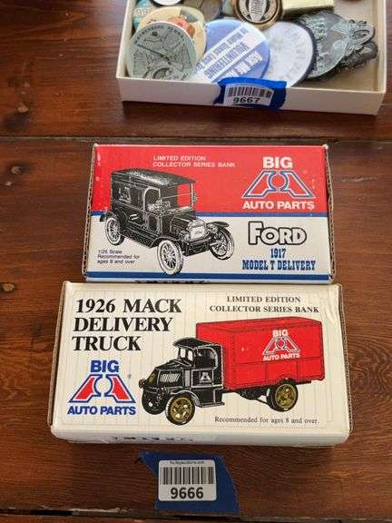 Two Big A Auto Parts truck banks, in boxes - Hurley Real Estate & Auctions