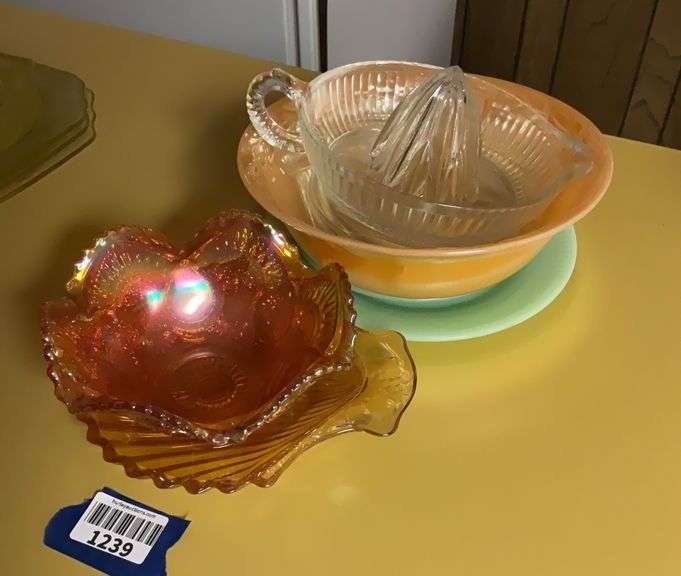 Assorted glass including: marigold carnival, jadeite, Fire King, juice ...