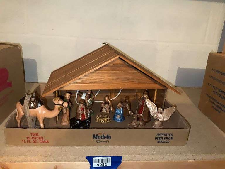Ceramic Nativity set w/ wooden stable - Hurley Real Estate & Auctions