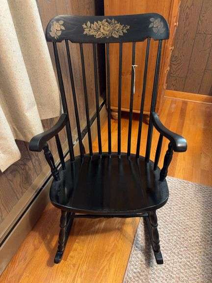 Spindled rocking chair in black paint w/ gilt roses decor - Hurley Real ...