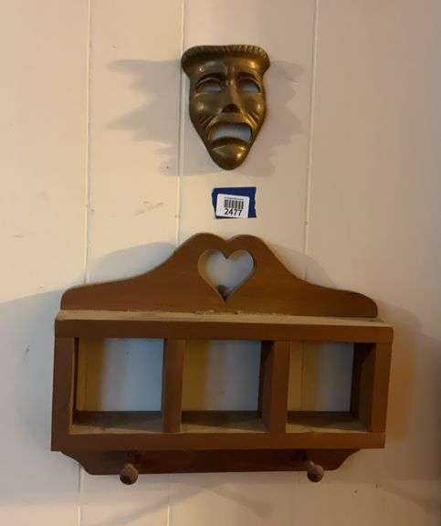 Paper shredder, plastic bucket, mask wall plaques, wall what-not shelf ...