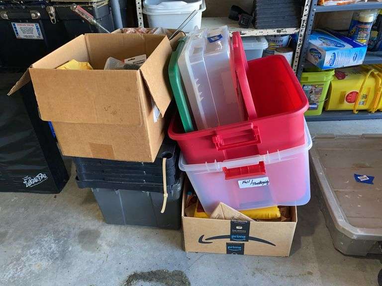 Storage totes, new scissors, tools, black plastic shelves - Hurley Real ...