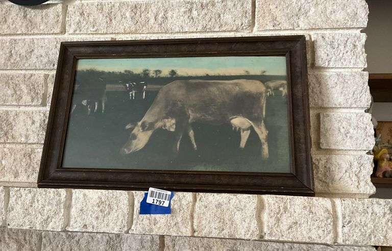 Vintage tinted photo of cows, framed - Hurley Real Estate & Auctions