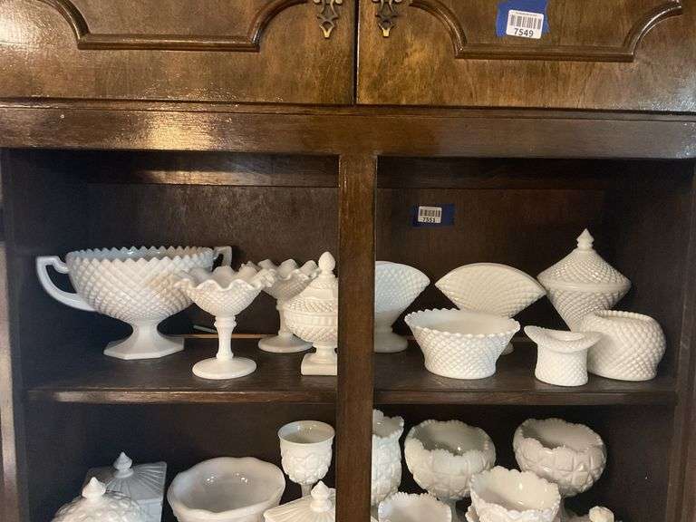 Contents of shelf: vintage English Hobnail pattern milk glass - Hurley ...