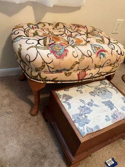 Two foot stools, one w/ crewel embroidered upholstery - staining noted ...