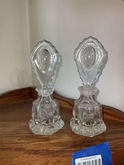 Pair pressed glass cologne bottles w/ glass stoppers - Hurley Real ...