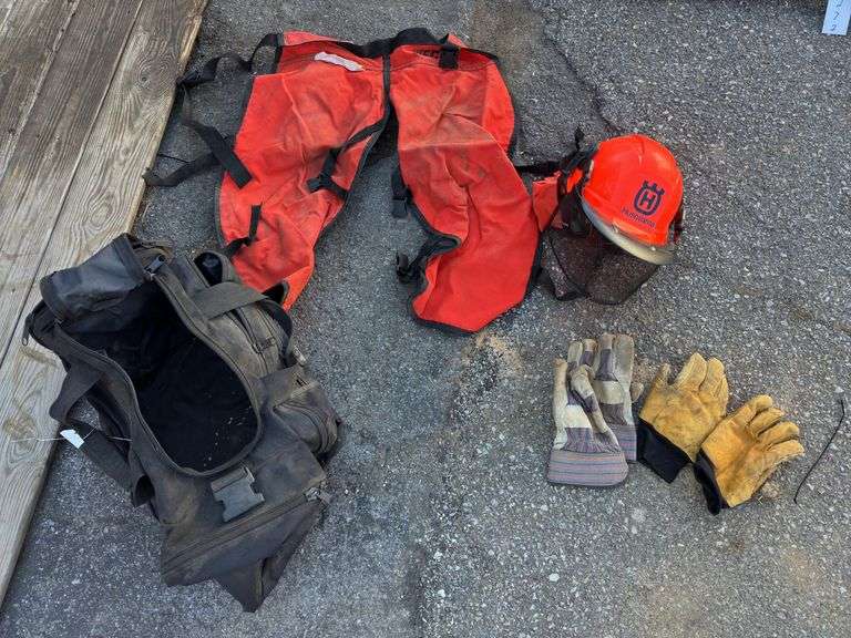 Husqvarna chainsaw safety helmet, echo chaps, 2 pairs of gloves and ...