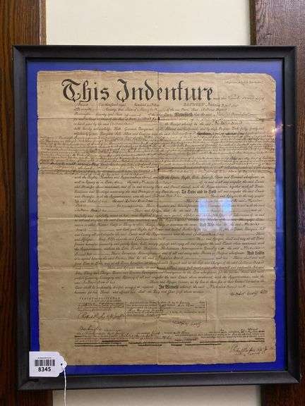 1803 Indenture certificate printed by John Gruber/ Hagerstown, framed ...