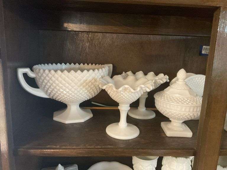 Contents of shelf: vintage English Hobnail pattern milk glass - Hurley ...