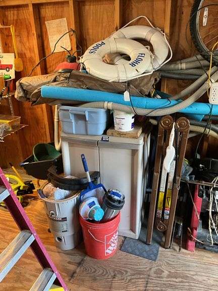 Storage cupboard, robot pool cleaner, pool accessories and chemicals ...