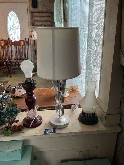 Metal base table lamp w/ shade, red lamp base, as is chimney lamp ...
