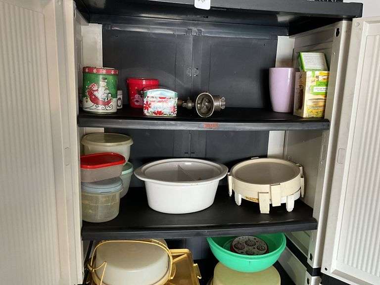 Contents of cupboard: triple hotplate, Tupperware, tins, plasticware ...