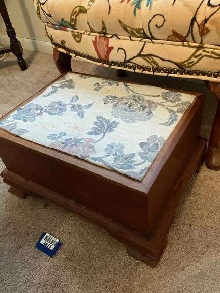 Two foot stools, one w/ crewel embroidered upholstery - staining noted ...