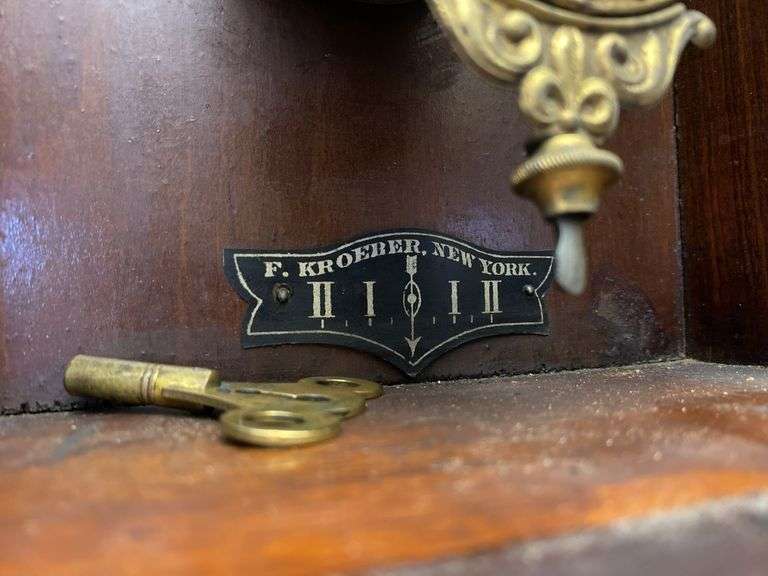 F. Kroeber gingerbread shelf clock case w/ gilt stenciled tablet, has ...